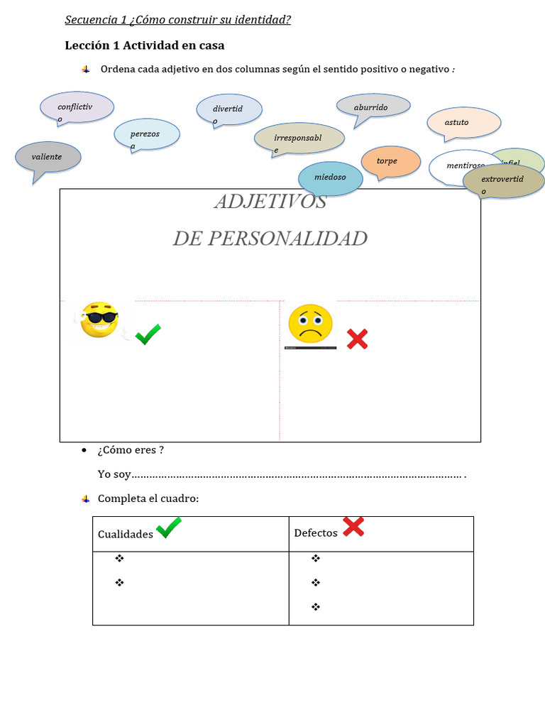 Identidad: Adjetivos Positivos y Negativos | PDF