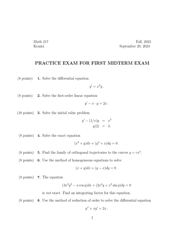 Math217 Midterm1 Practice | PDF