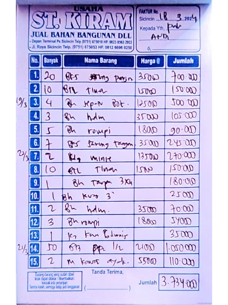 18-03-2024 Nota Toko ST - Kiram (Rp. 3.734.000), TGL | PDF