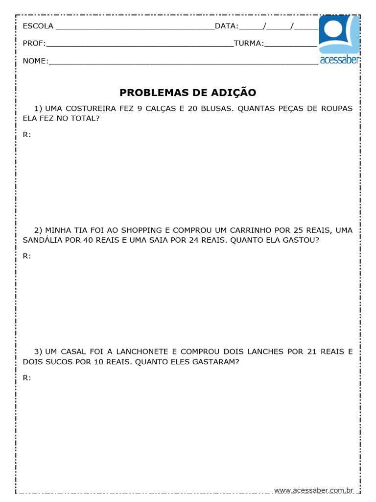 atividade-de-matematica-problemas-de-adicao-simples-3-ano-e-4-ano | PDF