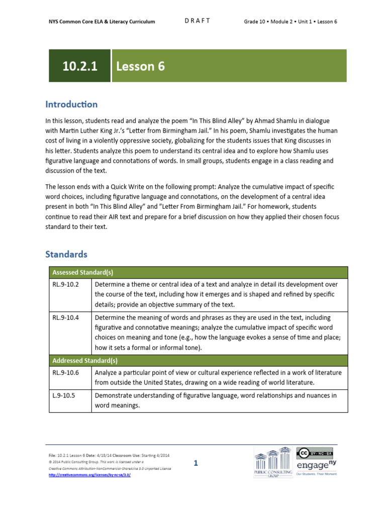 10.2.1 Lesson 6: NYS Common Core ELA & Literacy Curriculum | PDF | Cost ...