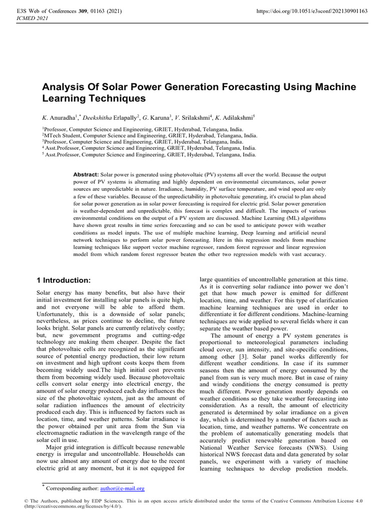 Analysis Of Solar Power Generation Forecasting Usi Pdf Machine