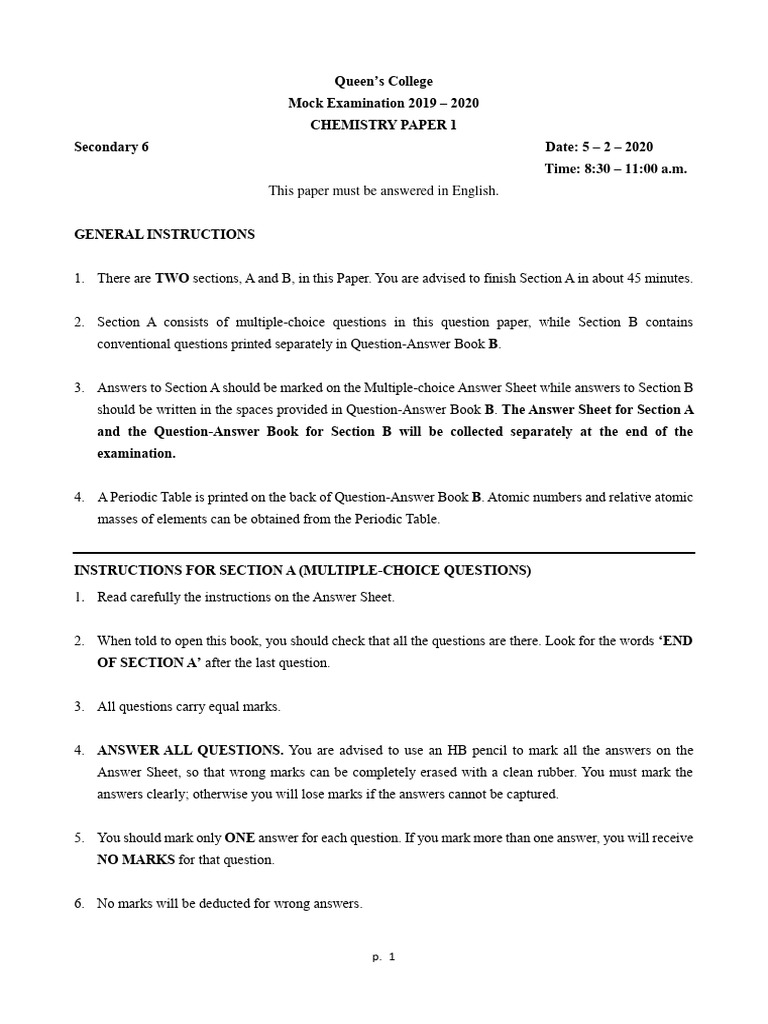 2019-2020 Chemistry Mock Exam Paper | PDF | Hydroxide | Acid