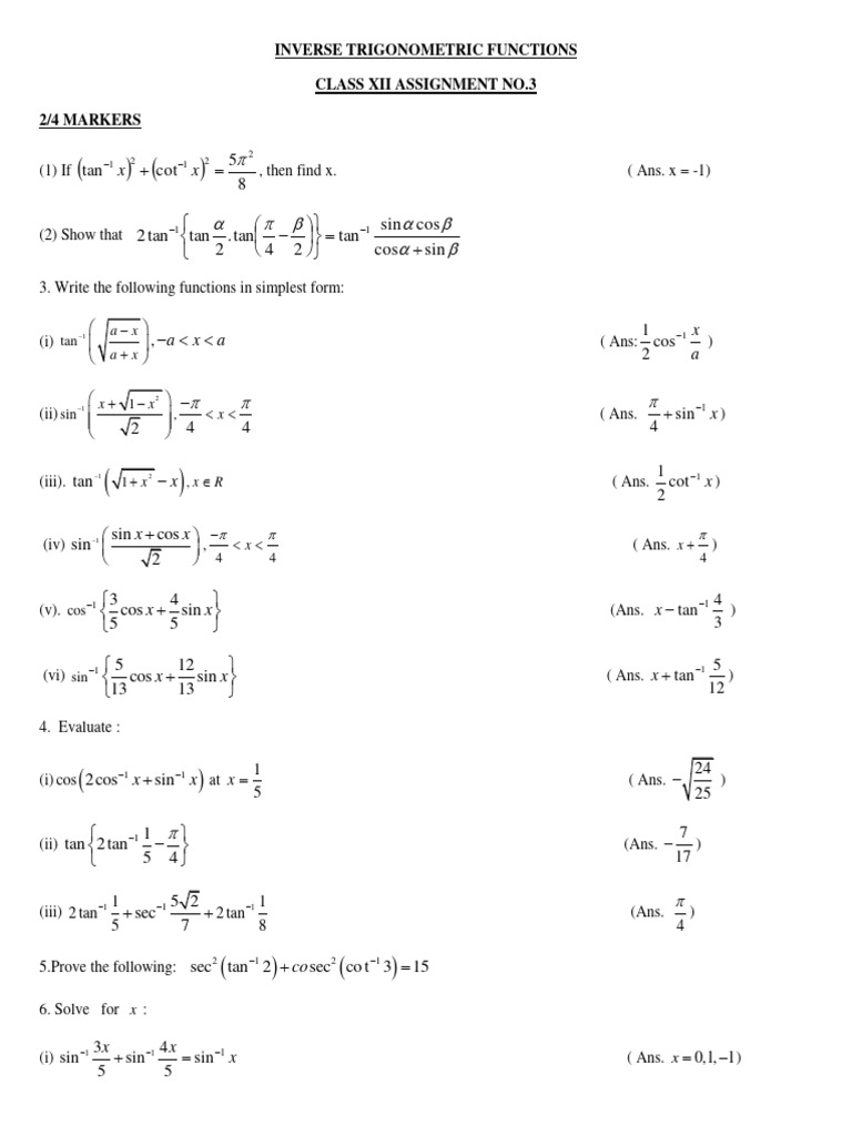 2 Assignment Inverse Trigonometric Functions | PDF