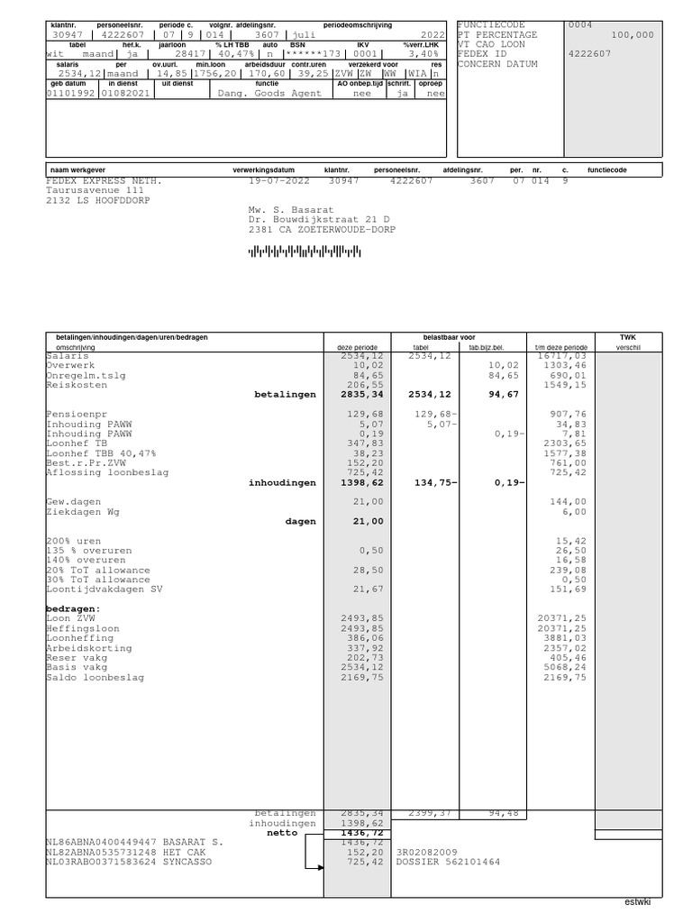 Salarisstrook 4222607 2022 7 | PDF