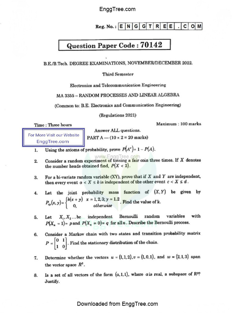 MA3355 Random Processes and Linear Algebra Nov Dec 2022 Question Paper Download | PDF