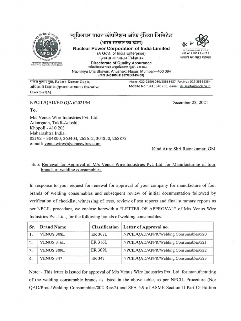 Npcil Approval Certificates | PDF