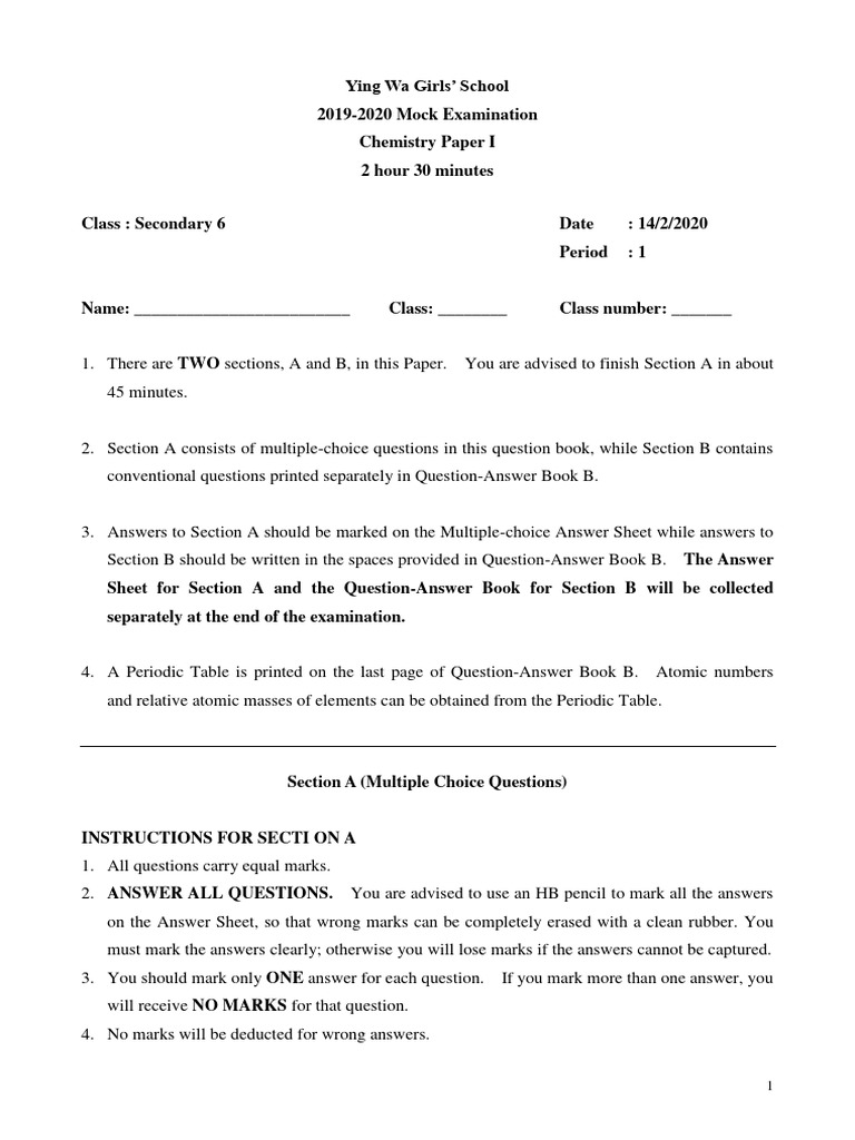 英華女學校 2020 Mock Paper 1A Answer (at bottom) - Tikado | PDF | Chemical ...