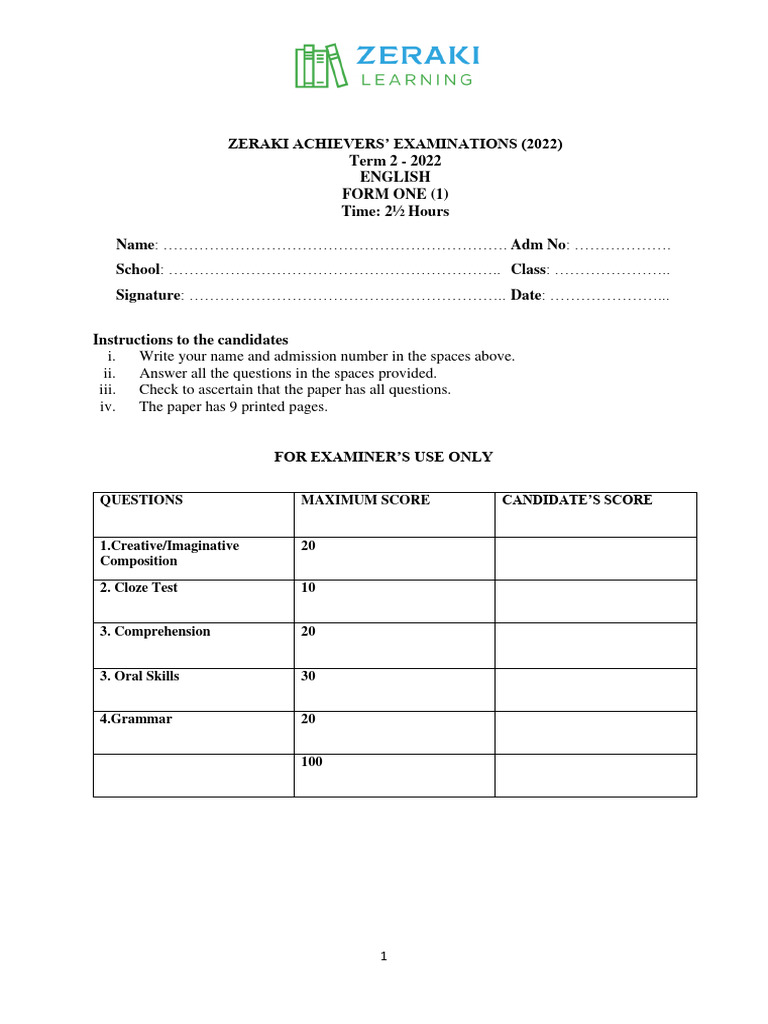 English Form 1 - Question Paper | Download Free PDF | Hospital | Pneumonia