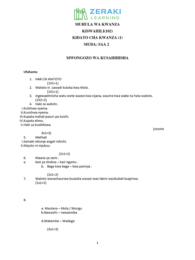 Kiswahili Form 1 - Question Paper-1 | PDF