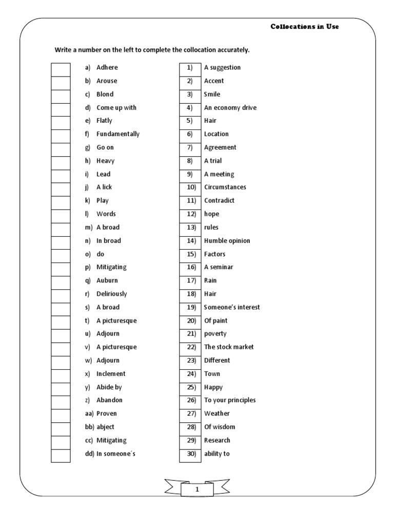 Write A Number On The Left To Complete The Collocation Accurately | PDF