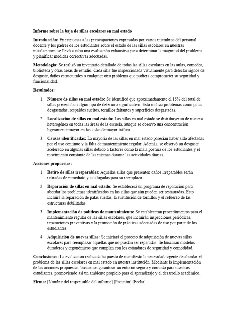 Informe Sobre La Baja de Sillas Escolares en Mal Estado | PDF | Evaluación