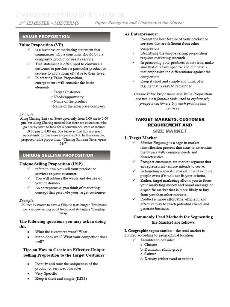 GRADE 12 STEM- ENTREP Reviewer 3 | PDF | Market Segmentation | Marketing