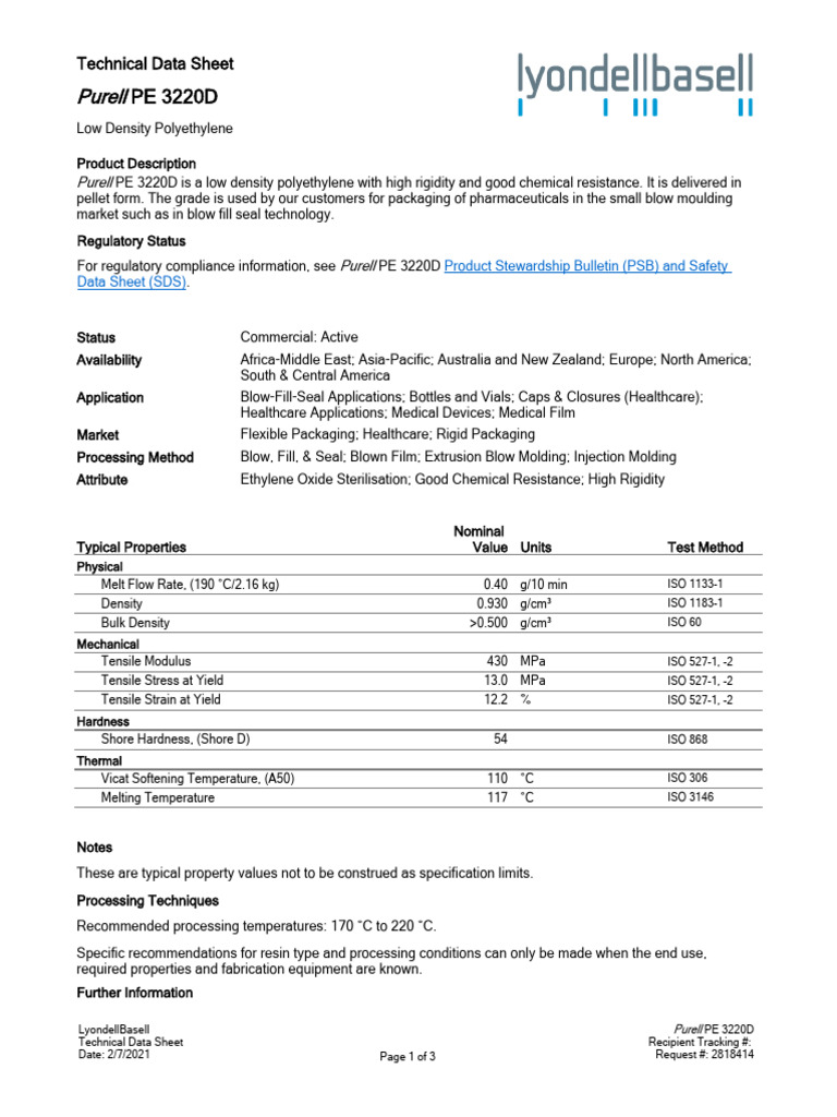 Technical Data Sheet - ISO PE LYONDELL | PDF | Polyethylene | Combustion