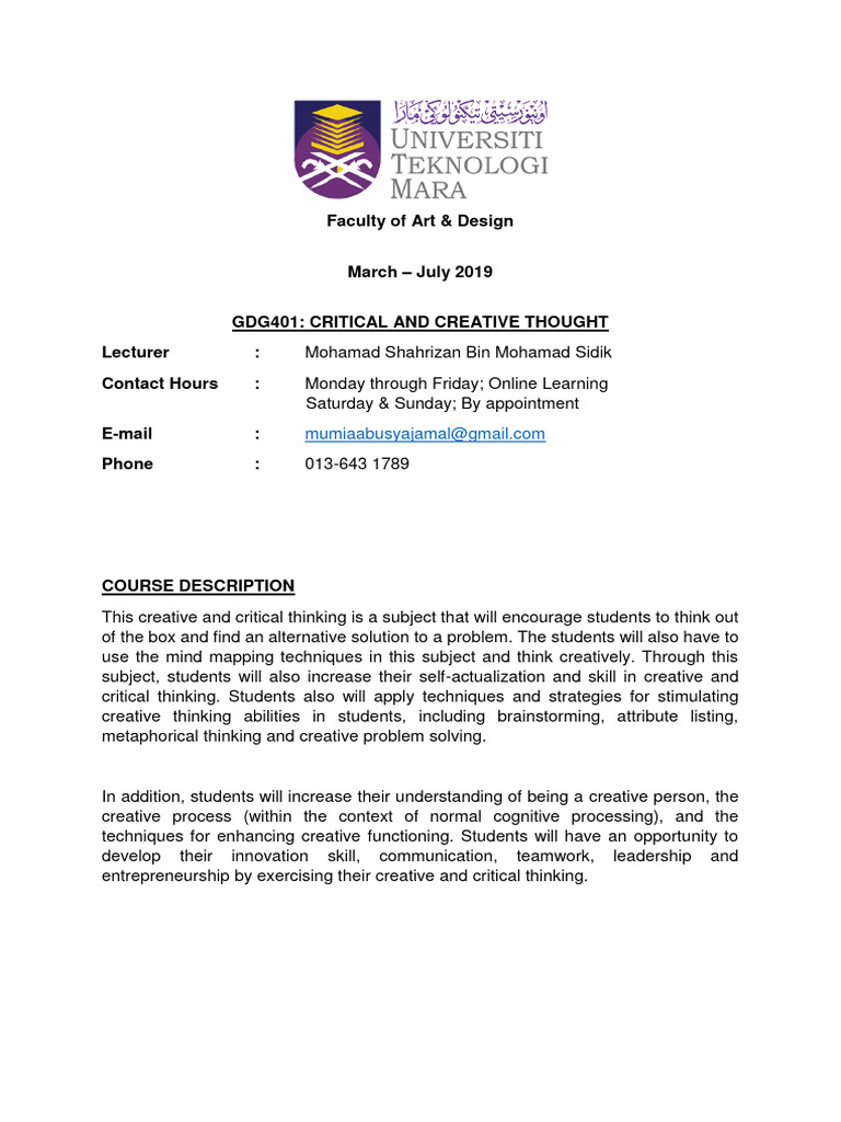 FSSR - COURSE BRIEF - SUBJECT GDG401 | PDF | Creativity | Critical Thinking