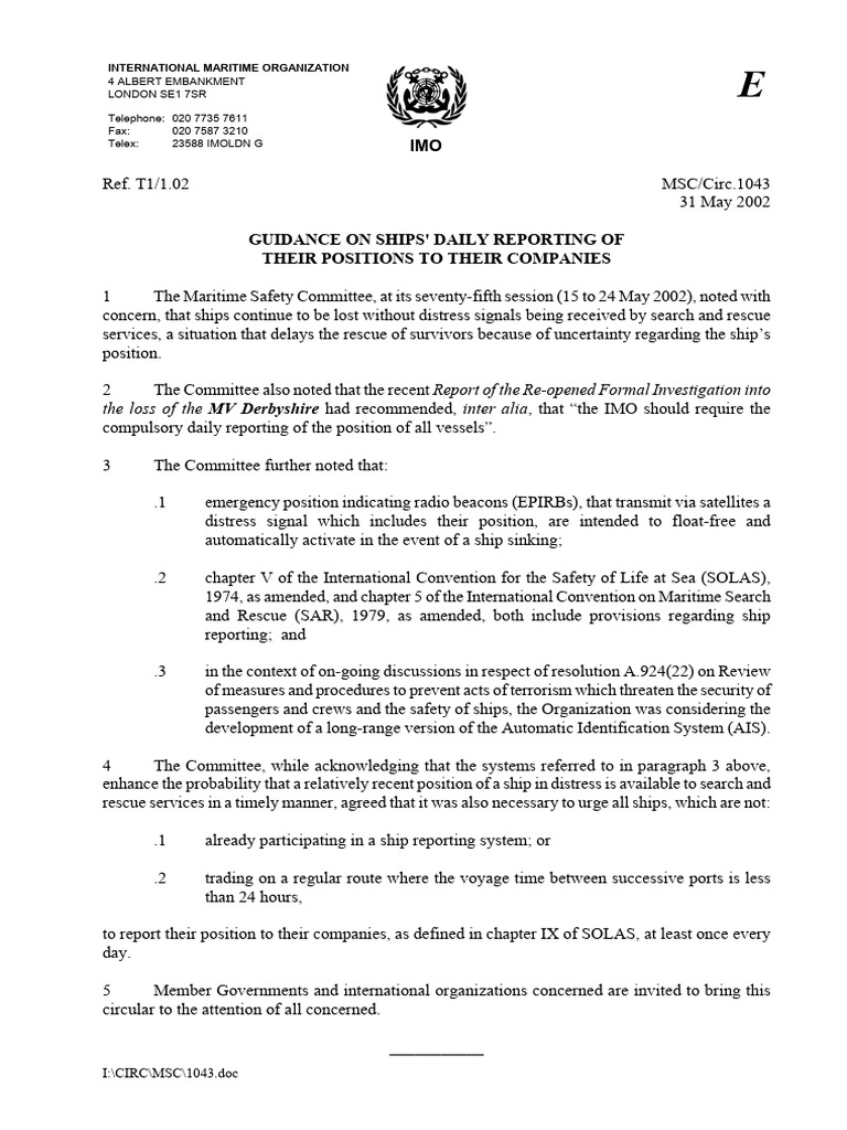 MSCCirc.1043 - Guidance On Ships' Daily Reporting of Their Positions To ...