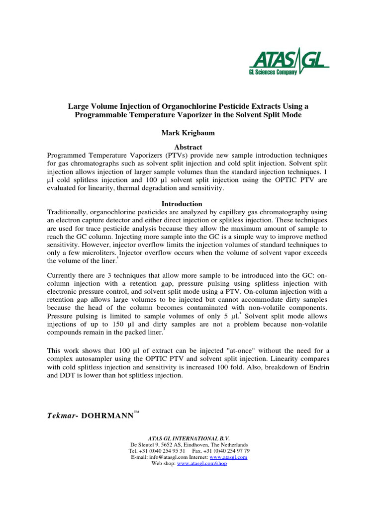 LArge Volume Injection of Organochlorine Pesticide Extracts Using A Programmable Temperature ...