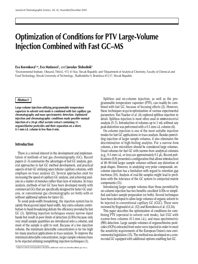 oPTIMIZATION OF CONDITIONS FOR PTV Large Volume Injection Combined With Fast GC MS | PDF | Gas ...