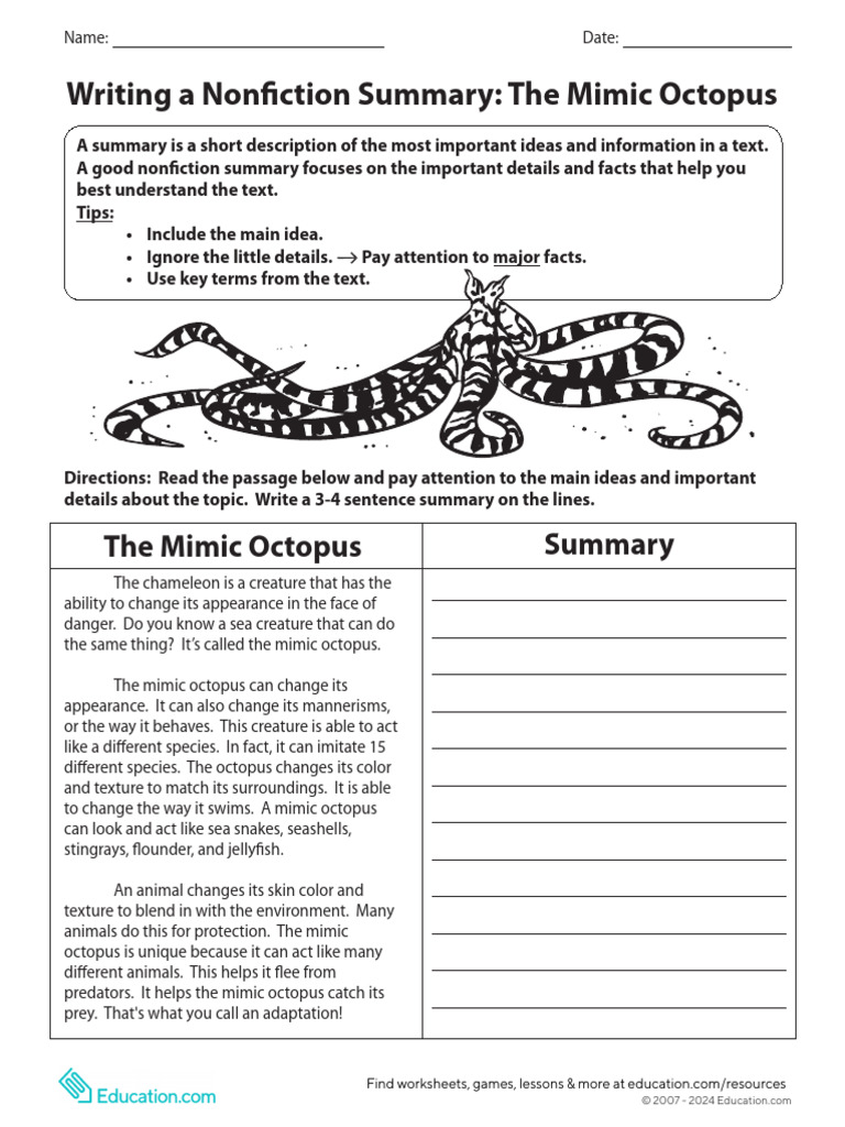 Writing A Nonfiction Summary The Mimic Octopus | PDF