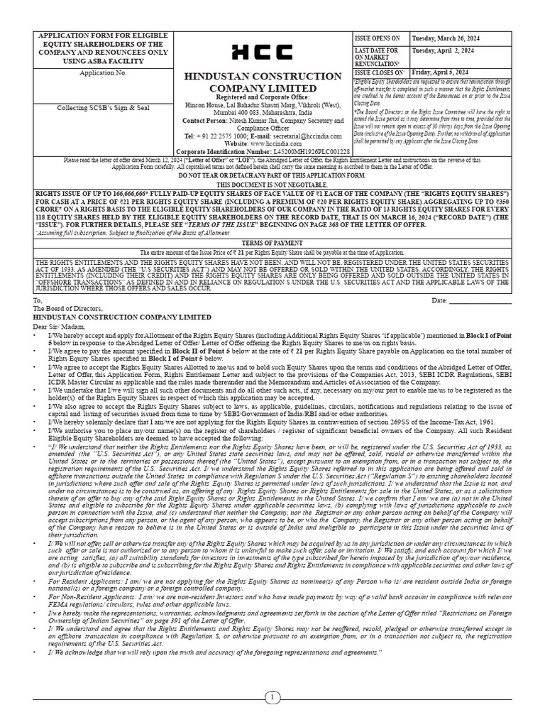 HCC Rights Issue Application Form 2024 | PDF | Stocks | Securities ...