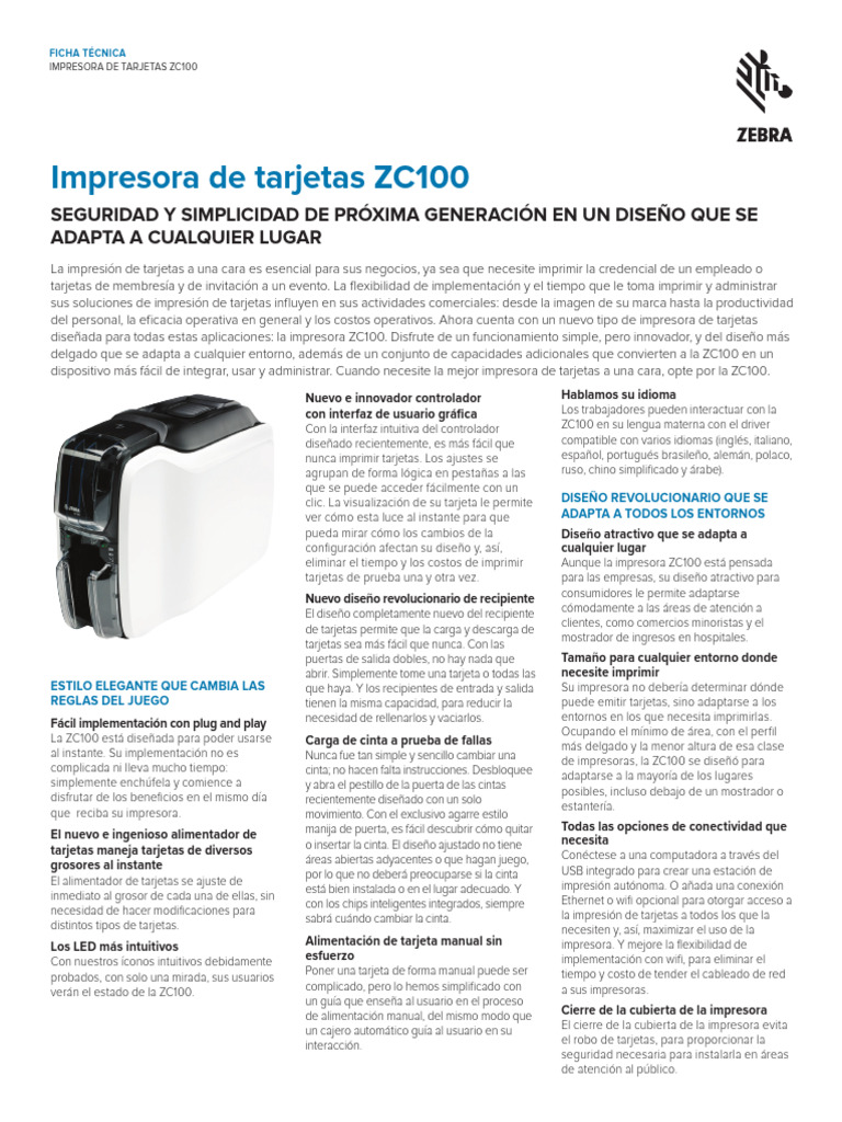 Zebra ZC-100 | PDF | Impresora (Computación) | Android (sistema operativo)