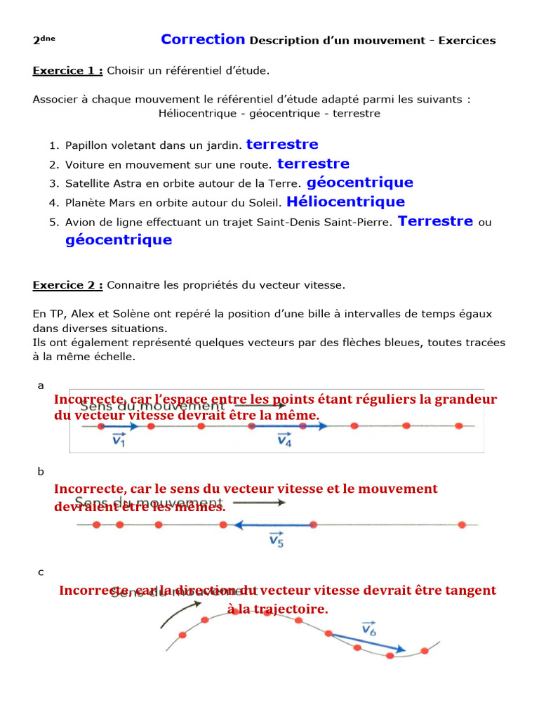 Correction Exercices - Description D'un Mouvement - Copie | PDF