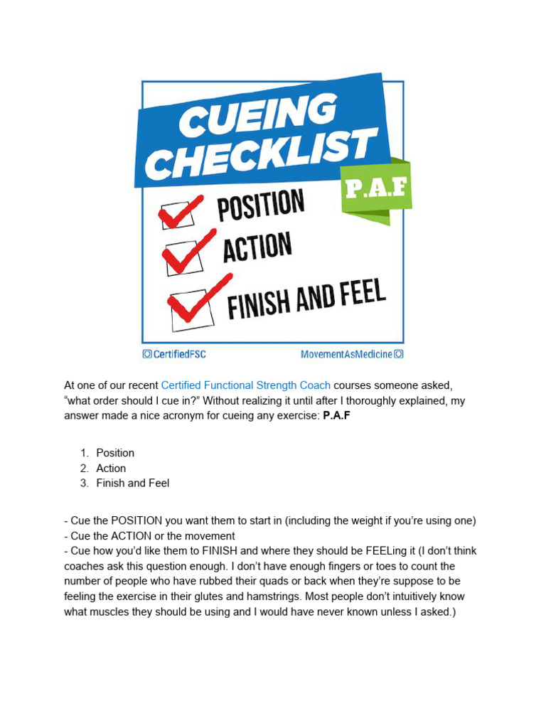 Cueing Checklist | PDF | Weight Training