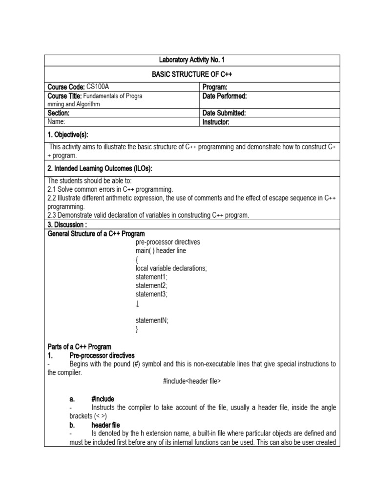 Laboratory Act1 - Basic Structure of C++ | PDF | Computer Program | Programming