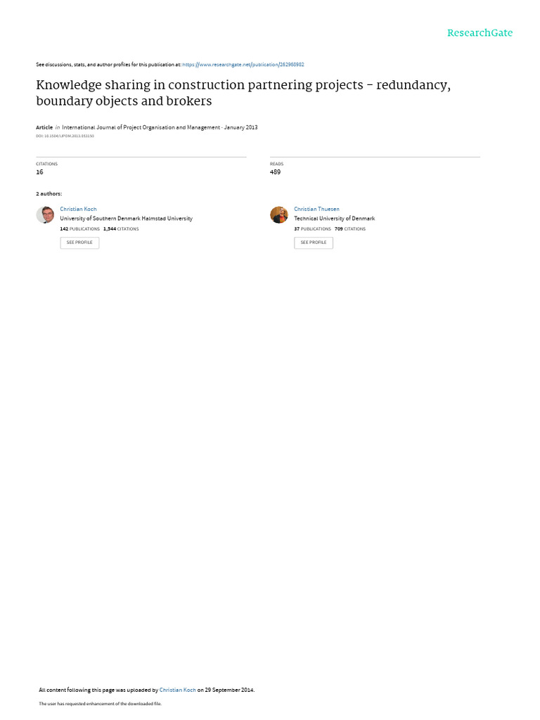 2013 - Knowledge Sharing in Construction Partnering Projects | PDF ...