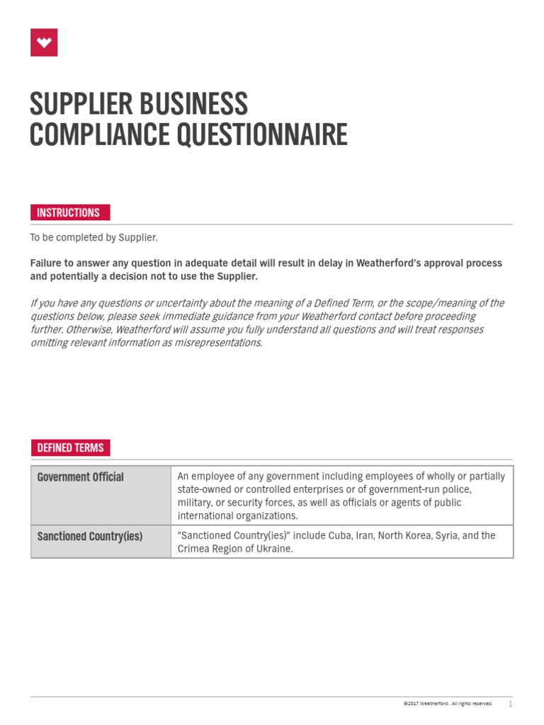 Supplier Business Compliance Questionnaire (2018 Update) | PDF | Family ...