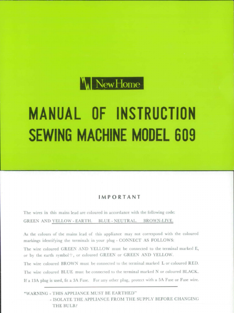 New Home Sewing Machine Model 609 Manual | PDF | Sewing Machine | Sewing