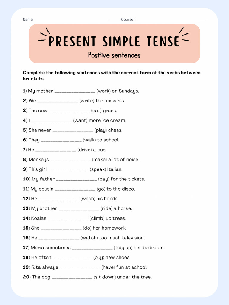 Colourful pastel English present simple tense worksheets | PDF
