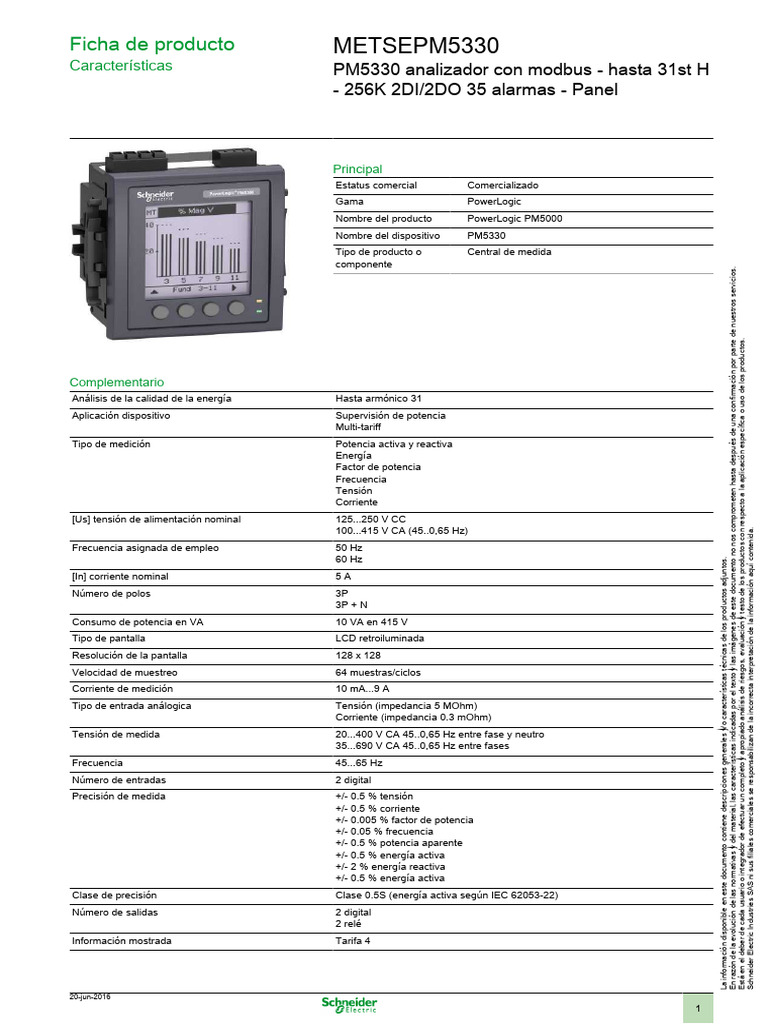 Ficha técnica PM5330 PowerLogic | PDF | Frecuencia | Impedancia eléctrica