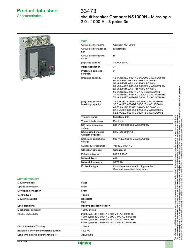 Compact NS1000H Circuit Breaker Specs | PDF | Alternating Current | Electrical Components