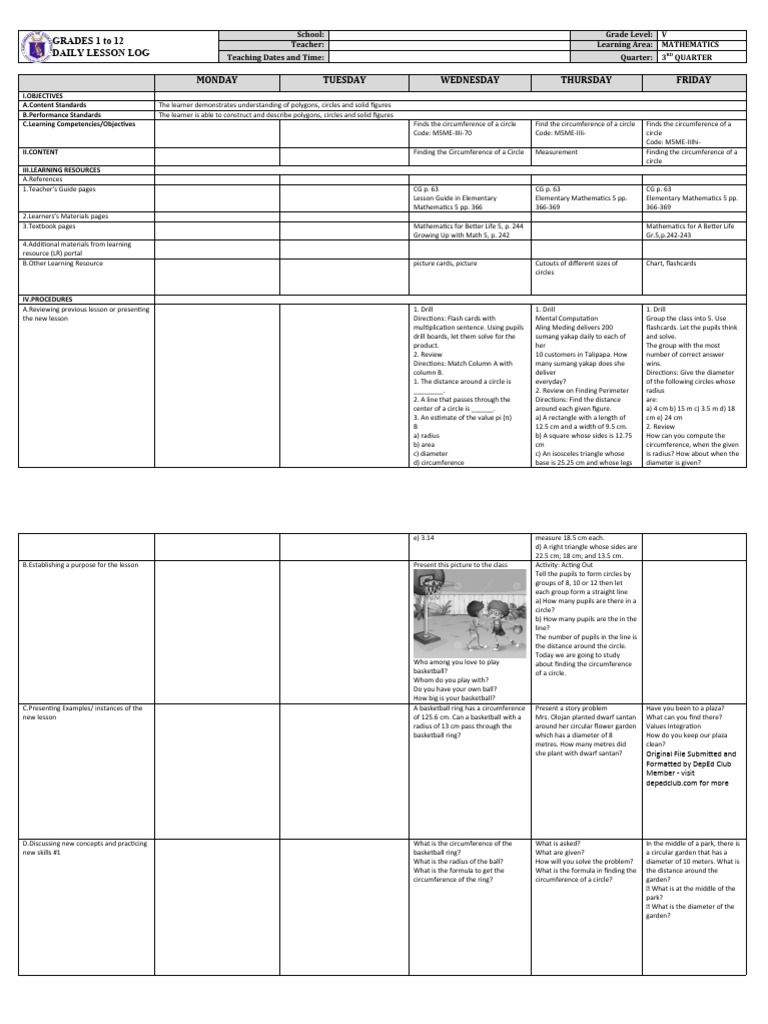 DLL - Mathematics 5 - Q3 - W9 | PDF | Circle | Pi