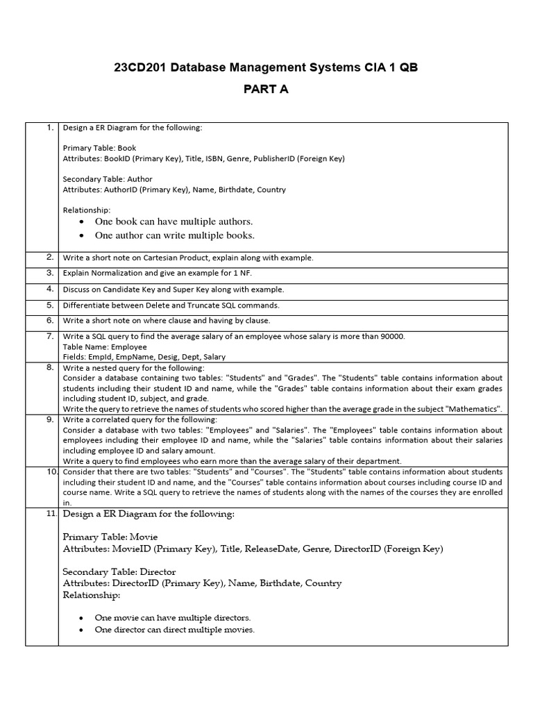 23CD201 Database Management Systems CIA 1 QB | PDF | Table (Database ... 23CD201 Database Management Systems CIA 1 QB | PDF | Table (Database ...