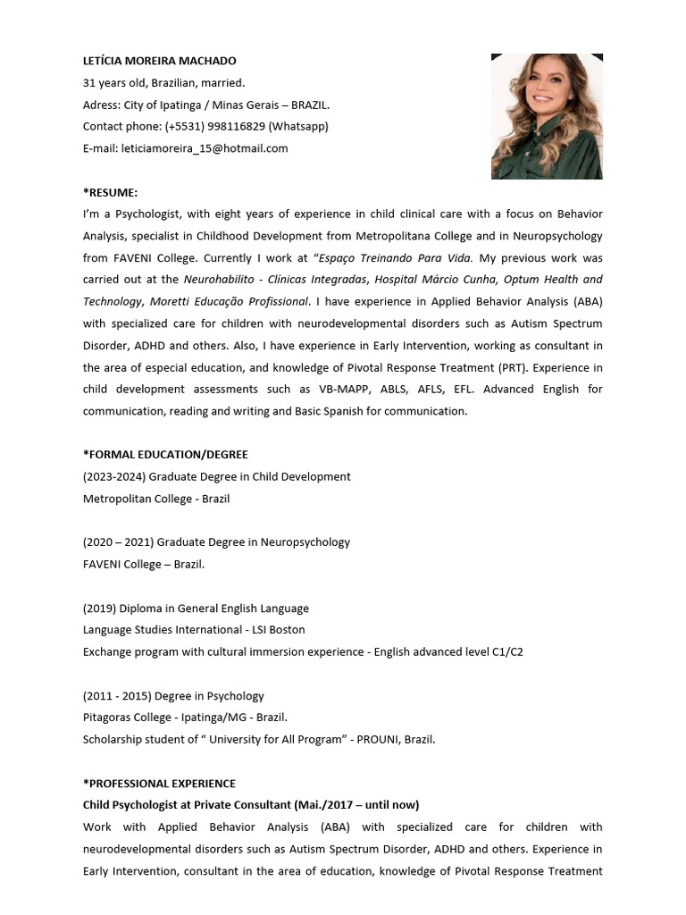 English - Resume - Leticia Machado | PDF | Psychology | Psychologist