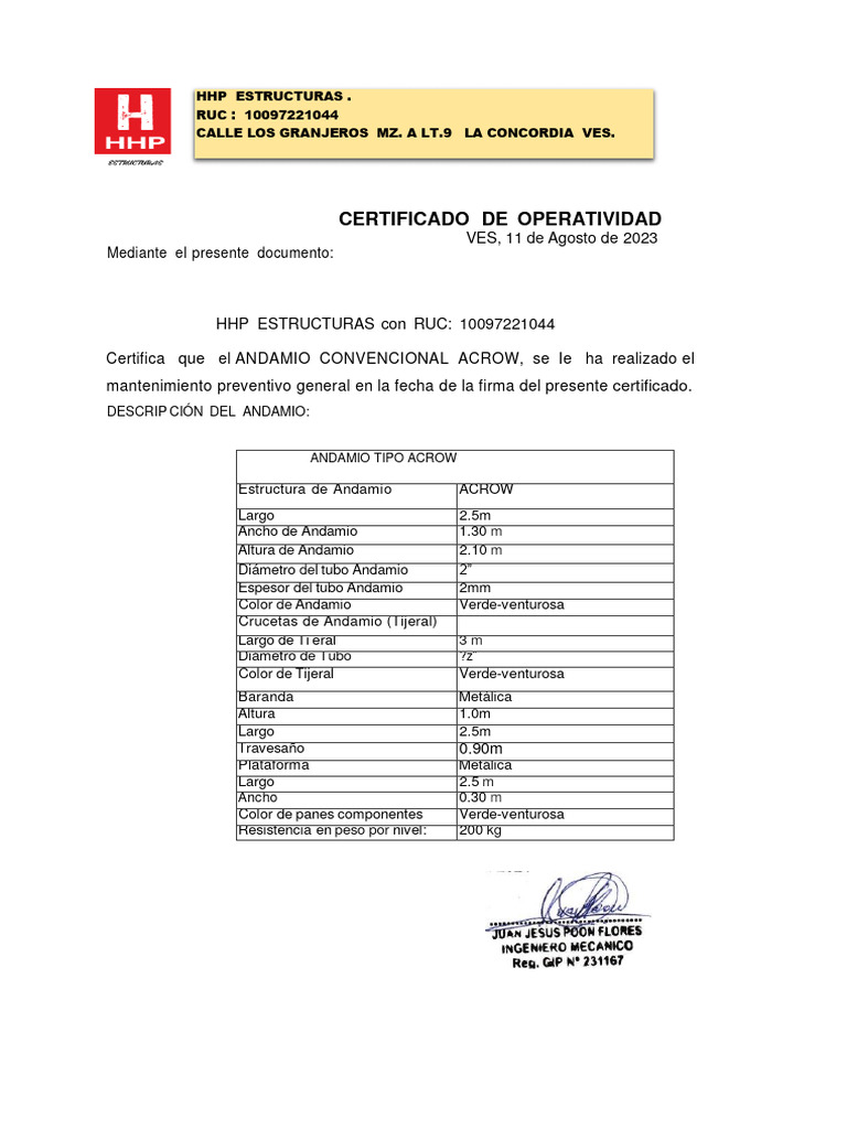 CERTIFICADO DE OPERATIVIDAD Andamio Acrow | PDF | Andamio