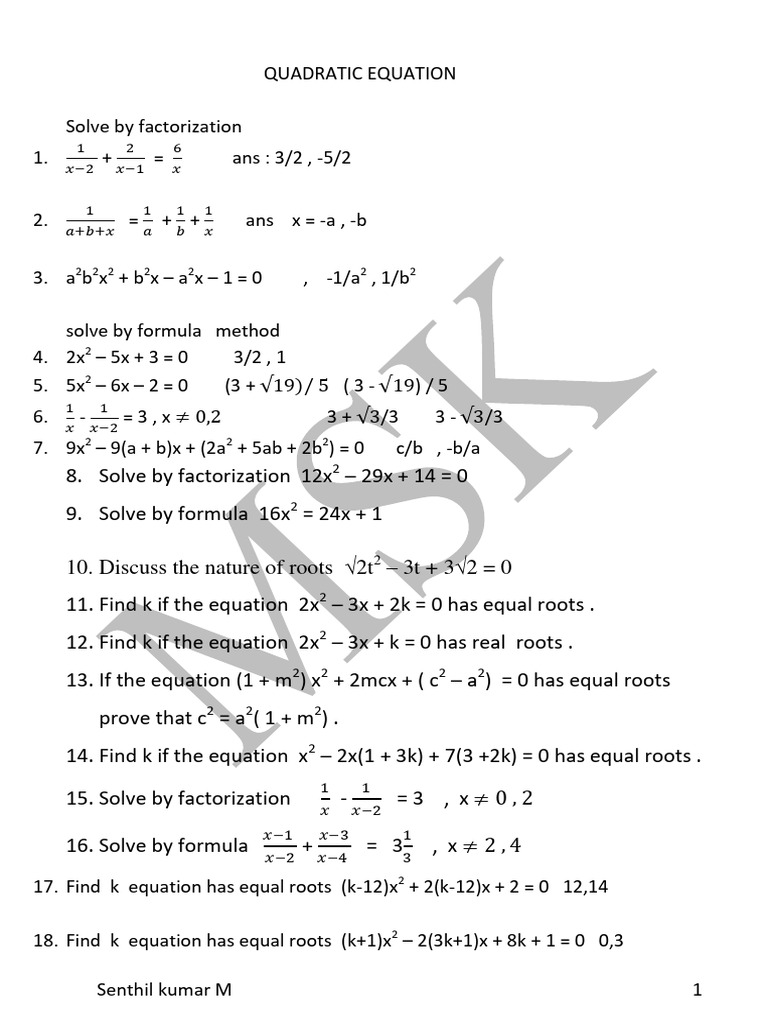 Quadratic Equation-Ws | PDF | Quadratic Equation | Factorization