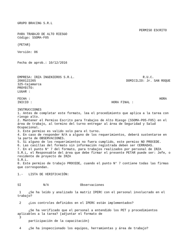 SSOMA F05 Permiso Escrito para Trabajo de Alto Riesgo PETAR V6 | PDF