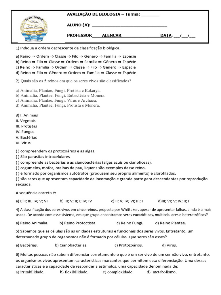Classificação e Características dos Seres Vivos | PDF | Organismos ...