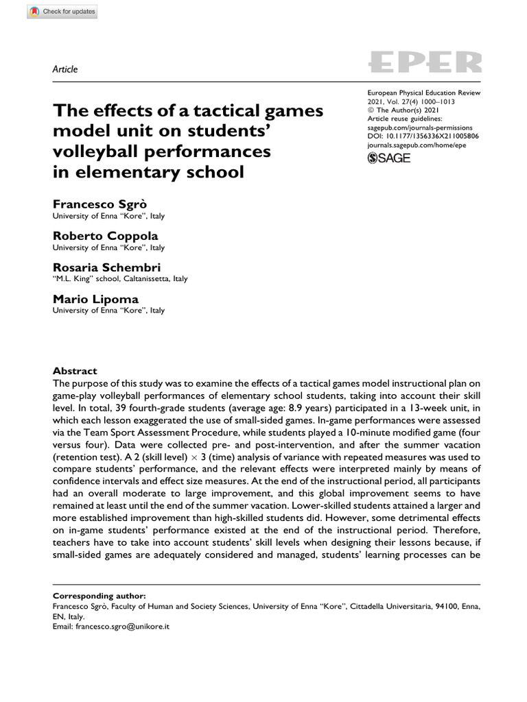 The Effects of A Tactical Games Model Unit On Students' Volleyball ...