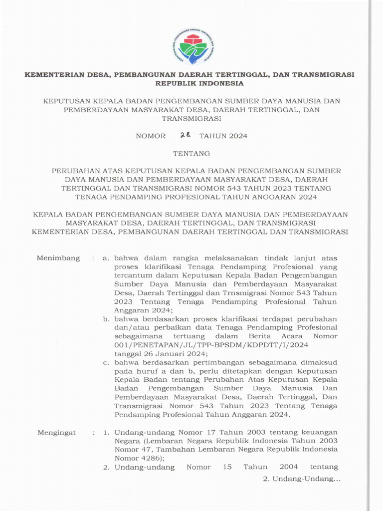 SK 28 Tahun 2024 TTG Perubahan SK 543 Tahun 2023 TTG TPP 2024 (TTD) | PDF