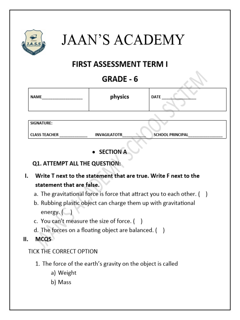 Grade 6 Physics Assessment | PDF | Force | Mass