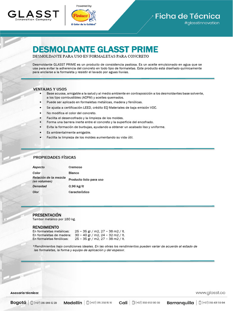Ficha Tecnica FT Desmoldante Glasst Prime | PDF | Hormigón | Materiales