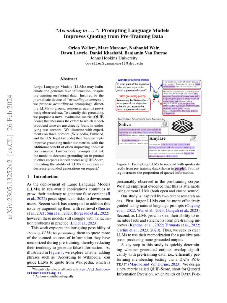 "According To - . - ": Prompting Language Models Improves Quoting From Pre-Training Data | PDF ...