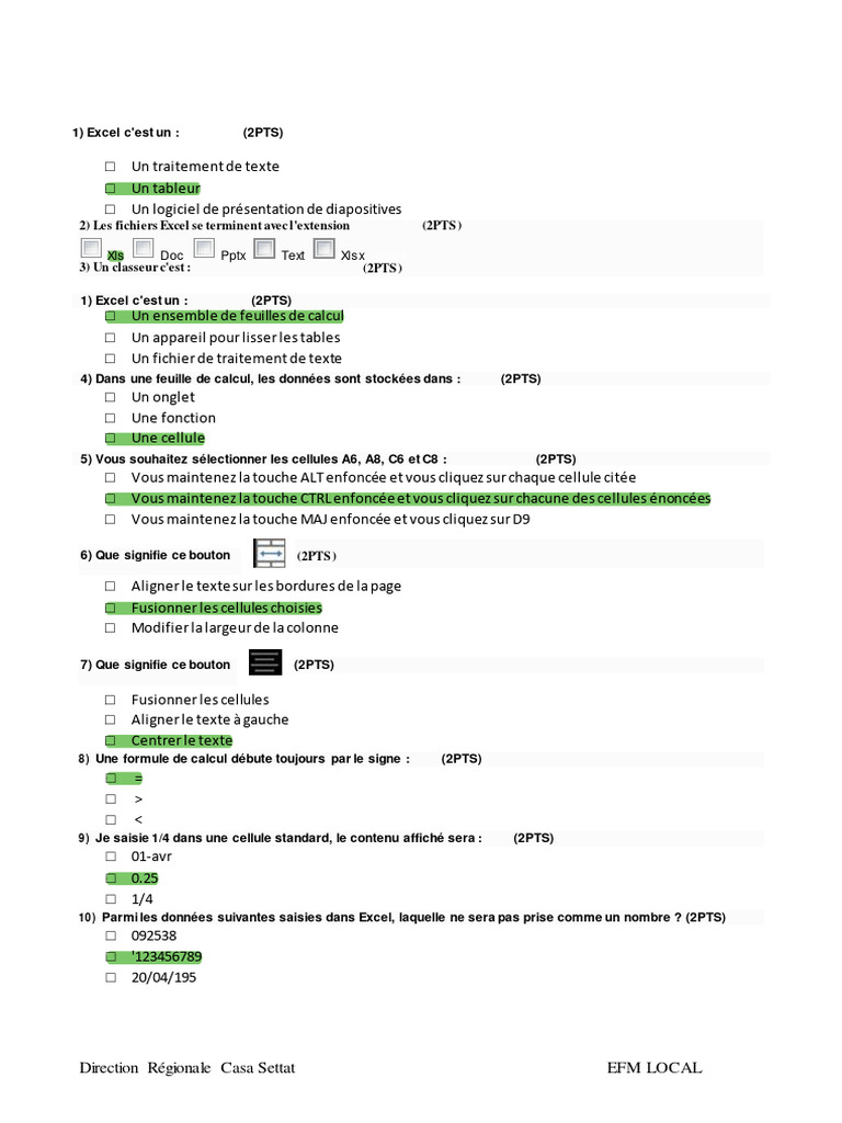 QCM Hour | PDF | Microsoft Excel | Feuille de calcul