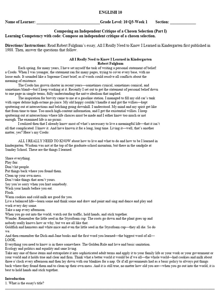 Q3 L3 Quiz | PDF | Essays | Paragraph