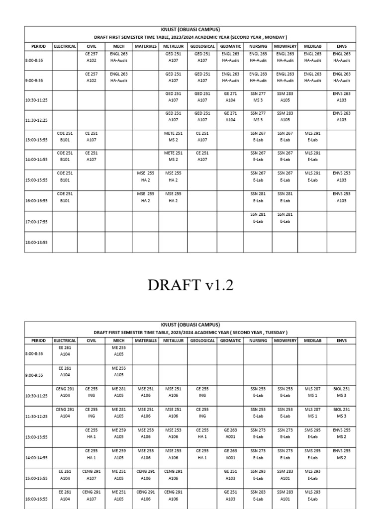 2nd Yr OBUASI TIMETABLE 1ST SEM ENG - AH - ENVS v1.0 | PDF
