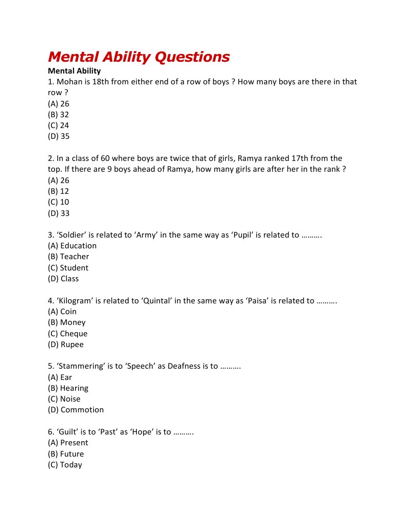 Mental Ability Questions | PDF | Teaching Methods & Materials